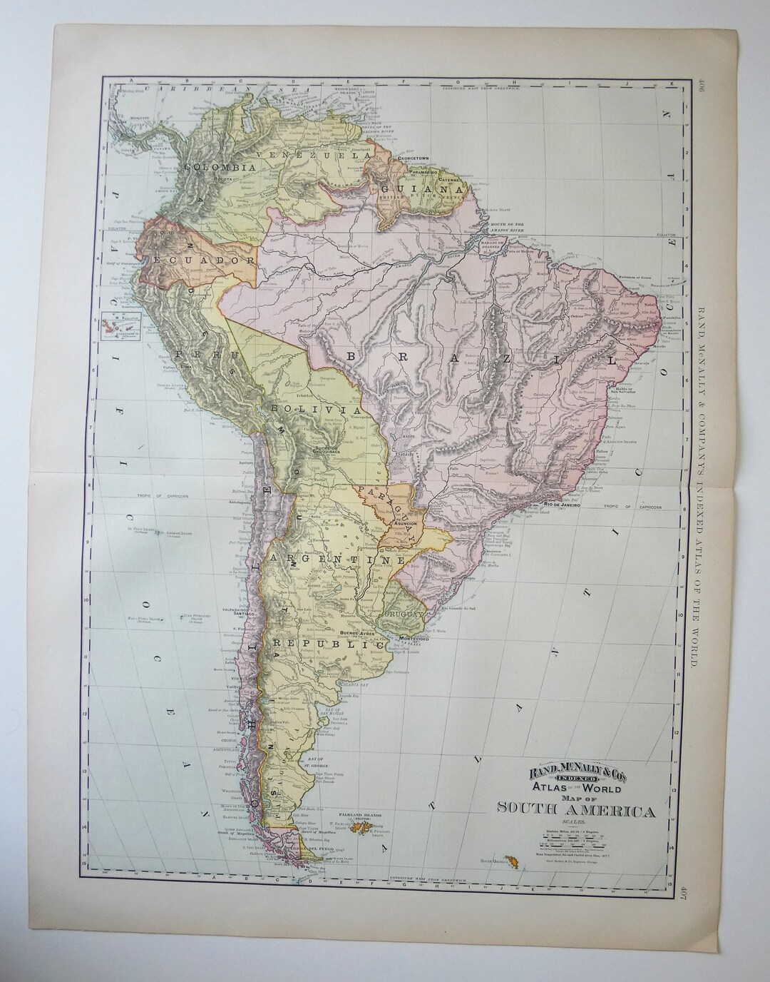 Large Antique South America Map 1892 Rand Mcnally Map of South America ...