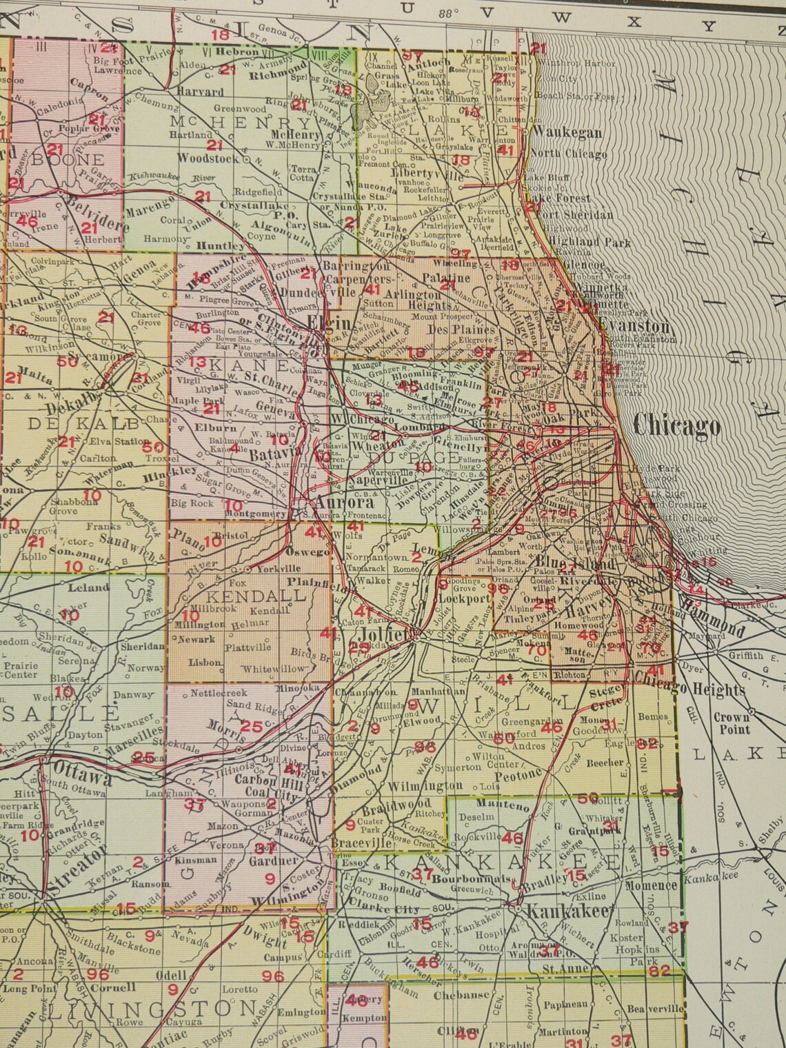 Very Large Illinois Map 1908 Original Antique Map of Illinois, Rand ...