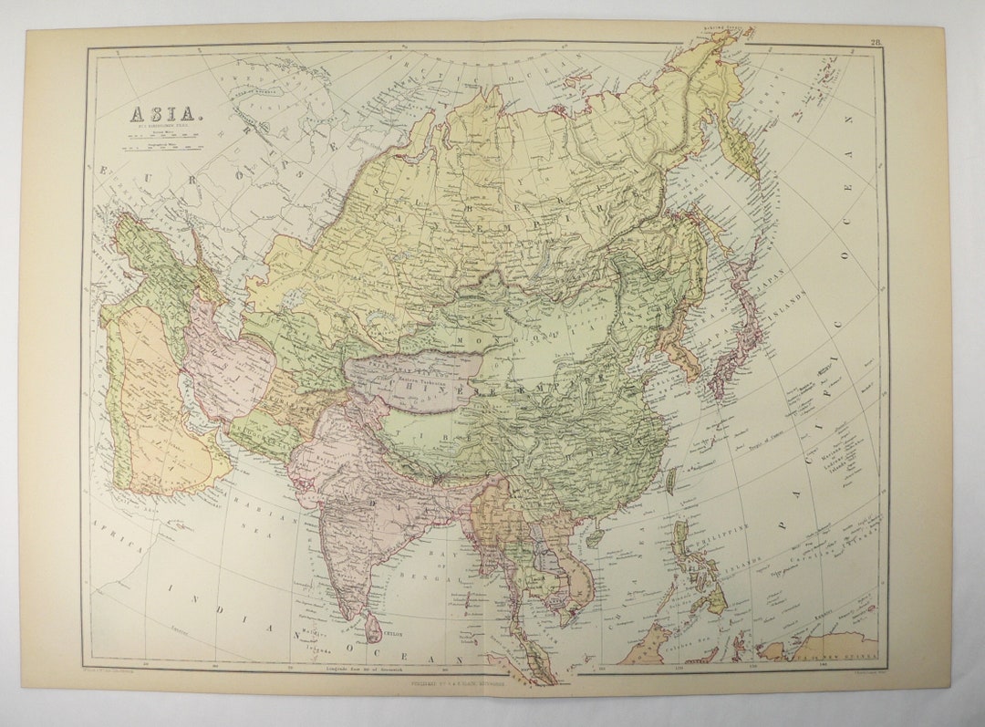 1873 Large Asia Map, Original Vintage Map of Asia, Middle East, India ...