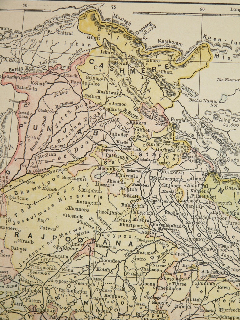 Antique India Map 1896 Vintage Map of India, Sri Lanka Ceylon, Nepal ...