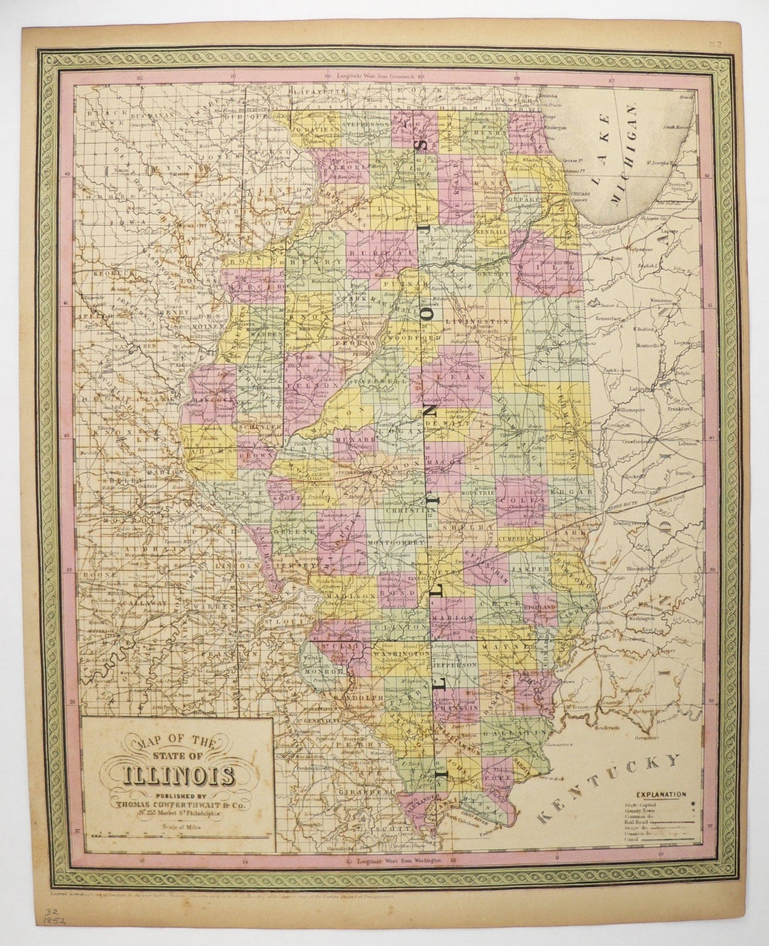1852 Map of Illinois, Original Antique Map With Hand Color, Mitchell ...