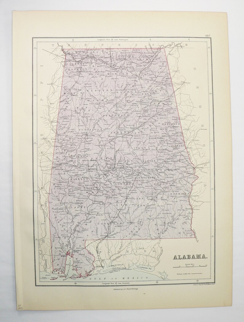 Antique Alabama Map 1873 A C Black Map of Alabama, Gift for Student ...
