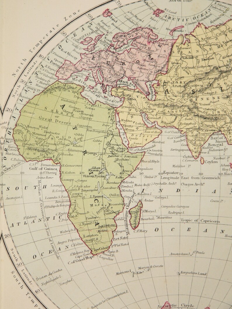 Antique World Map 1873 A C Black Map of the World, Hemisphere Map, Man ...