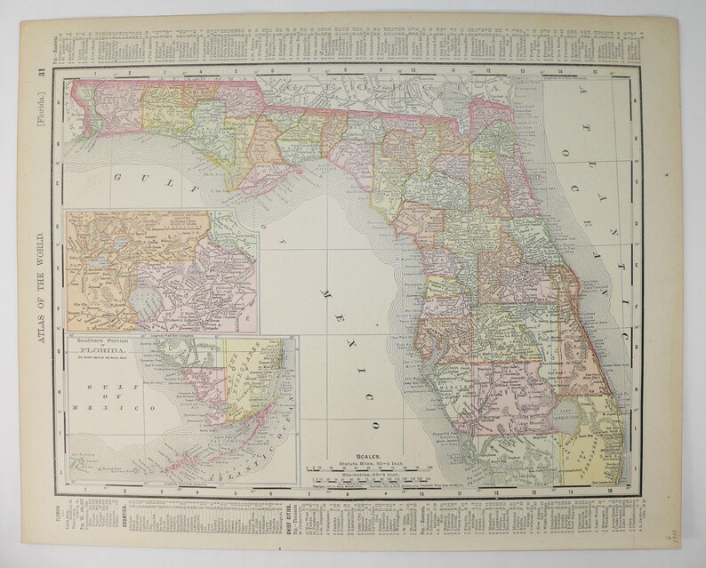 Antique Florida Map, Alabama 1900 Vintage FL Map AL, Southern State Map ...
