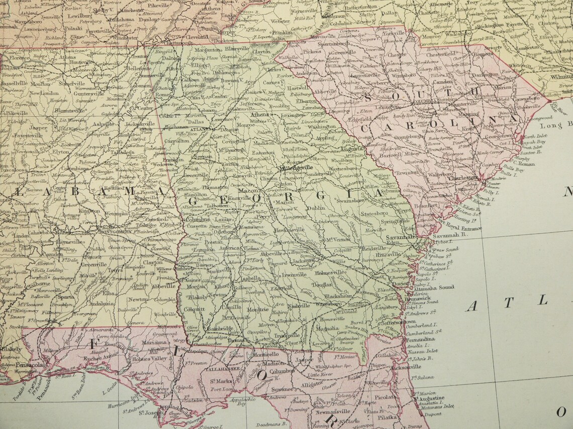 Southern United States Map 1873 A C Black US Map Florida - Etsy