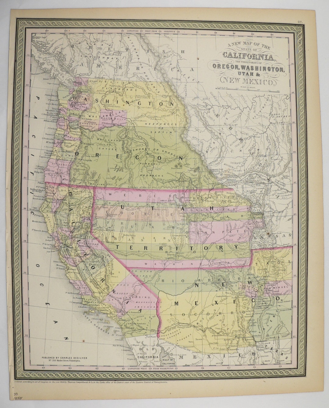 Rare 1855 United States Map by Mitchell, California, New Mexico, Utah ...