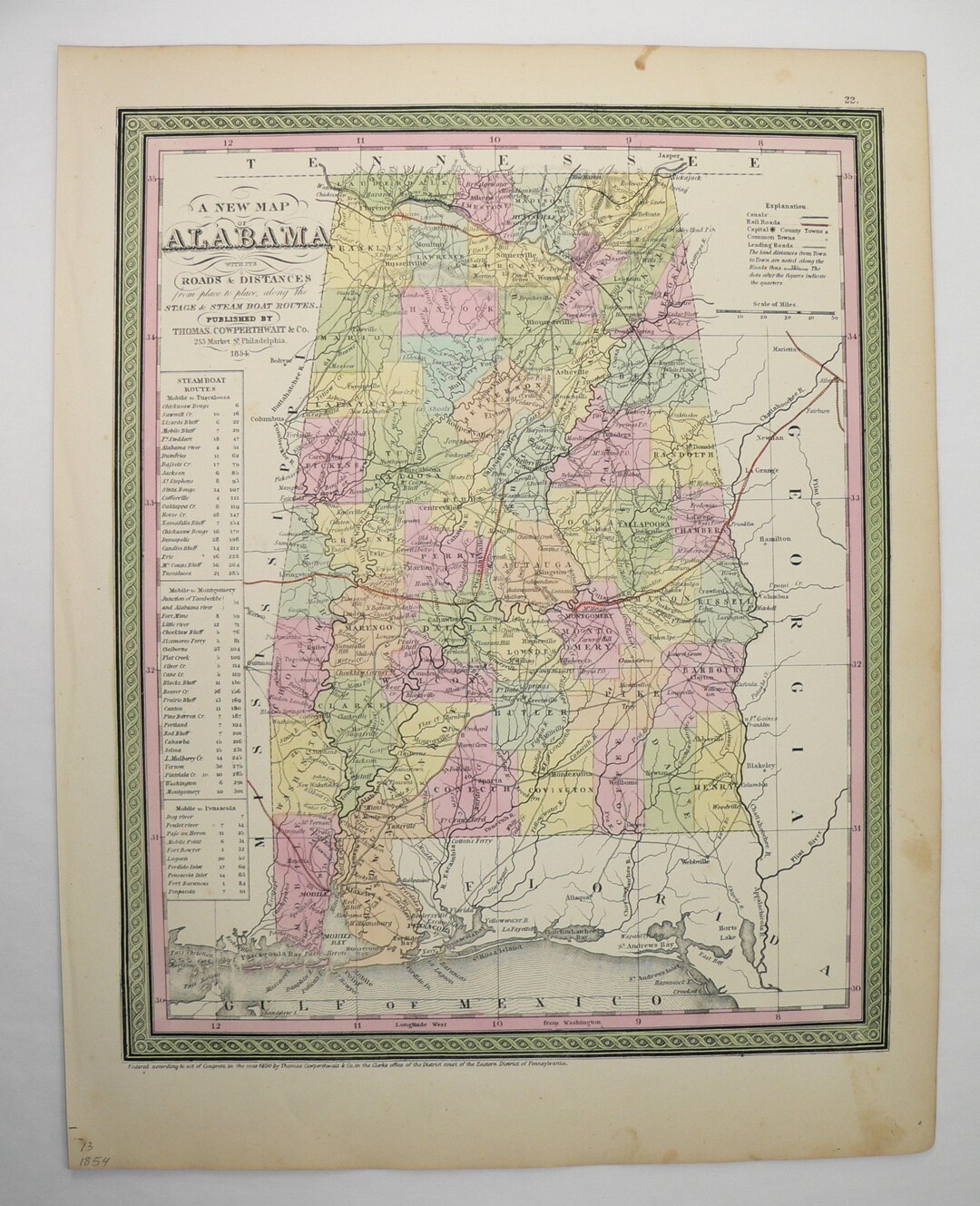 1854 Mitchell Alabama Map, Original Antique Map of Alabama, Vintage ...