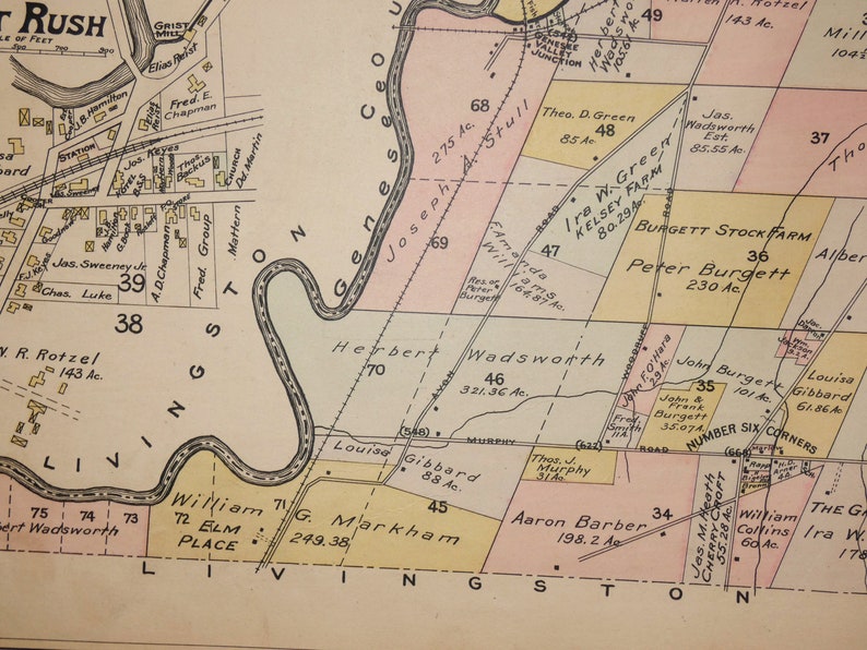 Large Town of Rush NY Antique 1902 Map of Rush New York, Rochester NY ...