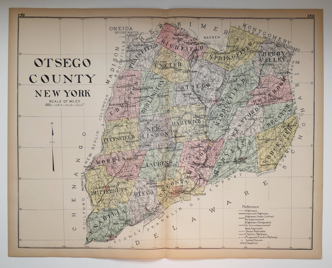 1912 Large Otsego County NY Map New York County Map - Etsy