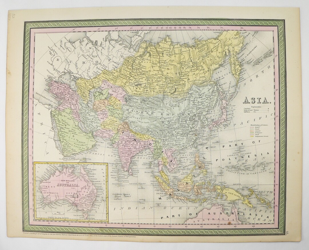 1854 Mitchell Asia Map, Middle East Map, Original Antique Map, Hand ...