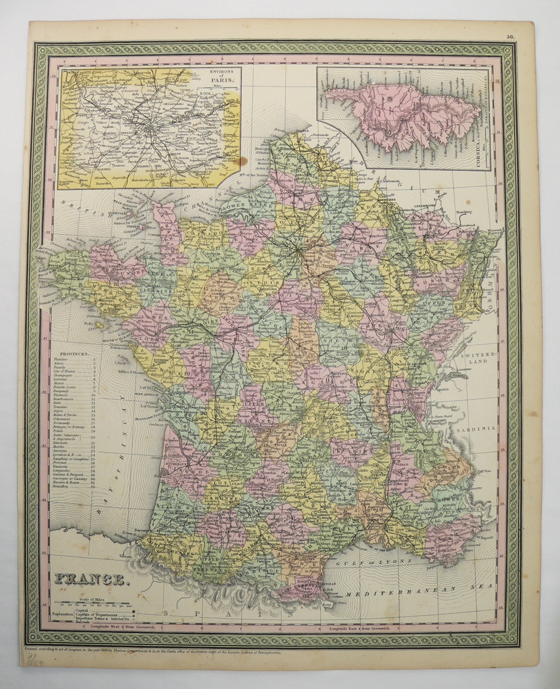 1854 Mitchell Map of France, Original Antique Map, Vintage French Decor ...