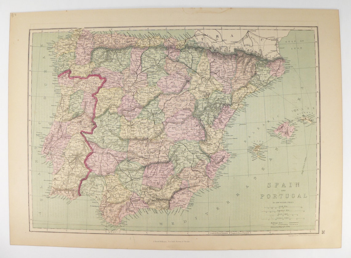 Antique Spain Map Portugal Vintage Map 1873 Original Handcolored Map of ...