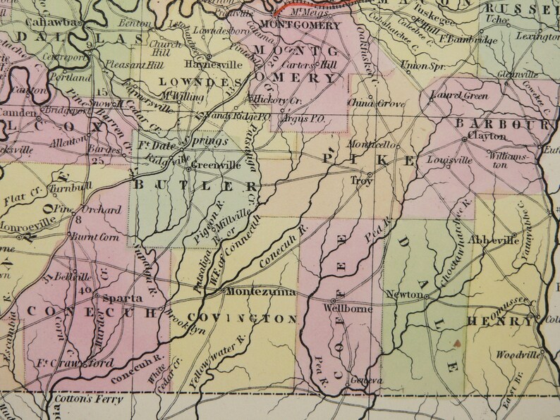 1854 Mitchell Alabama Map, Original Antique Map of Alabama, Vintage ...