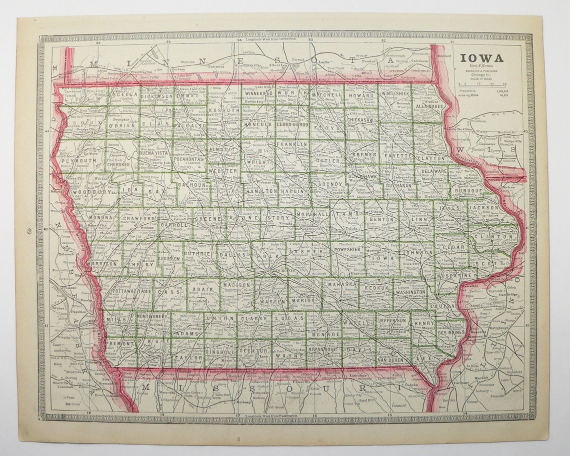 Vintage Map of Missouri and Iowa Original 1884 George Cram | Etsy