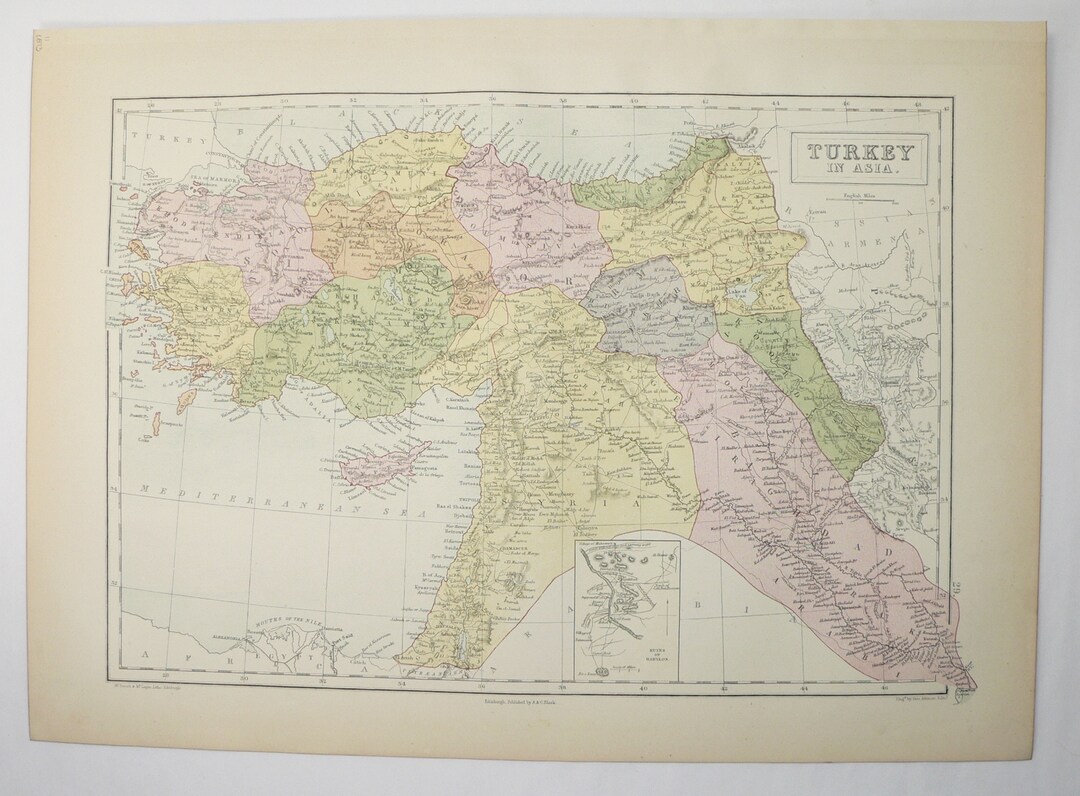 Original Antique Map Turkey in Asia 1873 A & C Black Atlas Map Middle ...