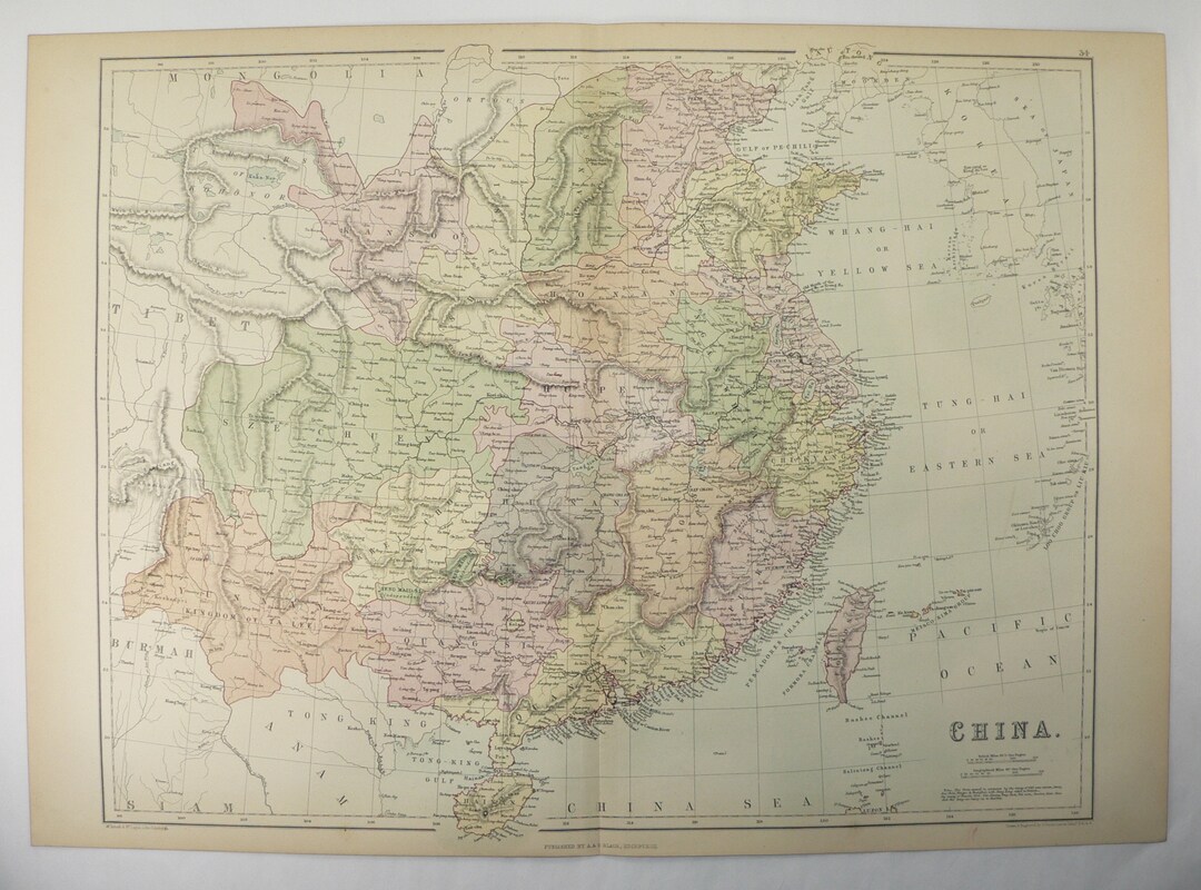 Large Antique Map of China, Original Vintage China Map With Formosa ...