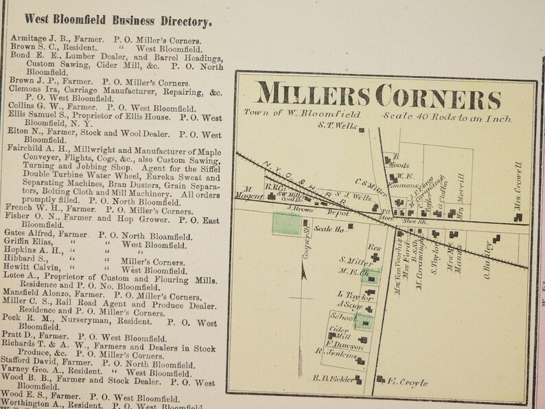 1874 West Bloomfield Map Handcolored Antique Map North | Etsy