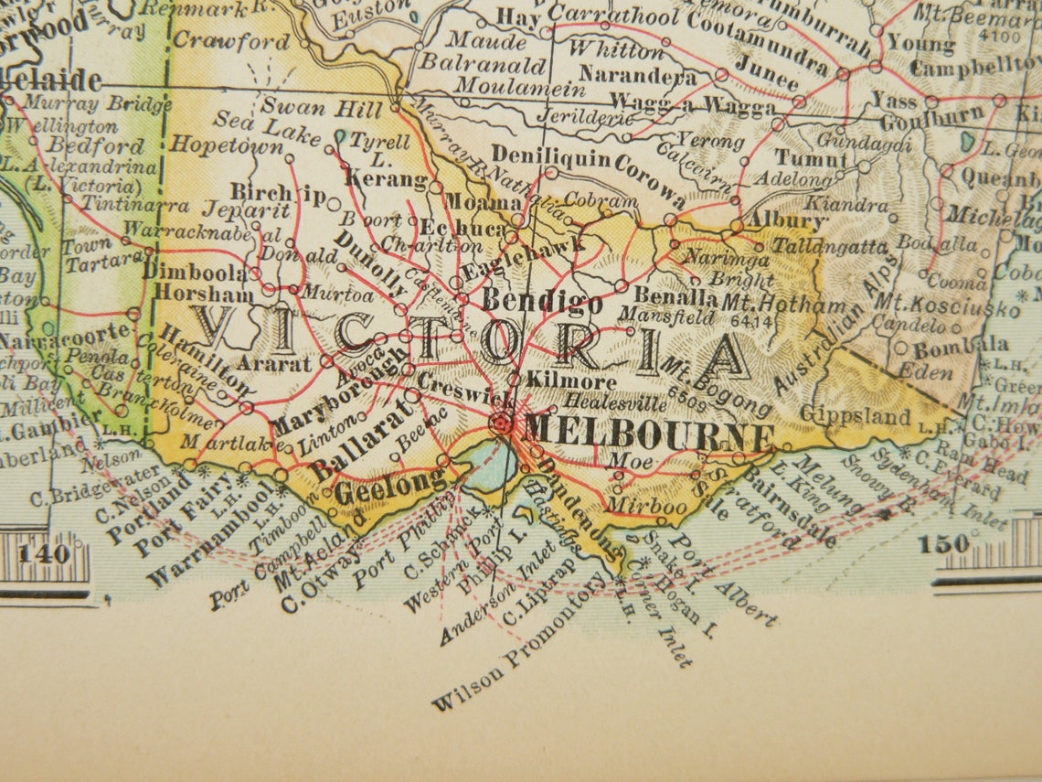 1899 Century Australia Map With Tasmania, Real Vintage Map of Australia ...