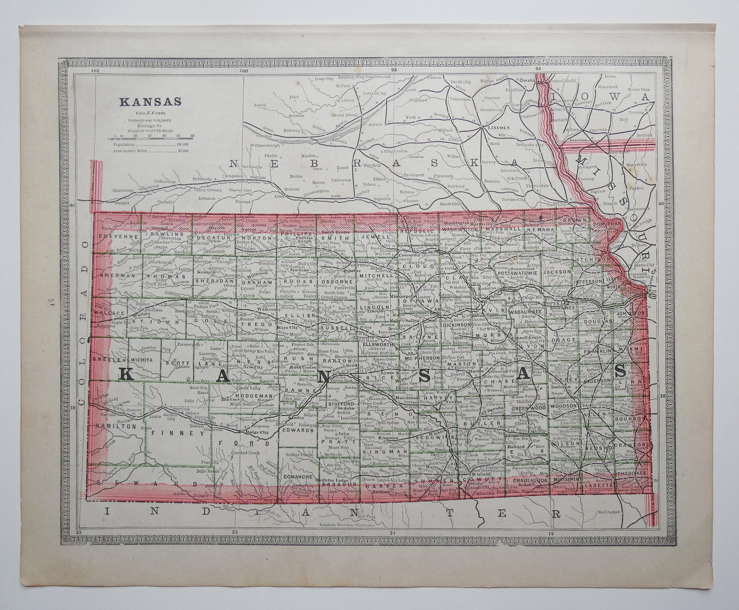 1884 George Cram Atlas Map of Nebraska and Kansas - Etsy