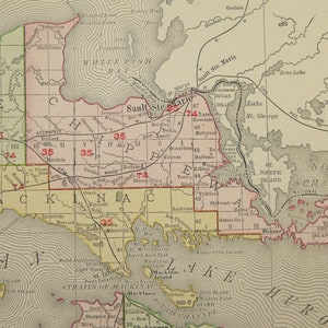 Large Upper Peninsula MI Map, UP Michigan Map 1908 Original Antique Map ...