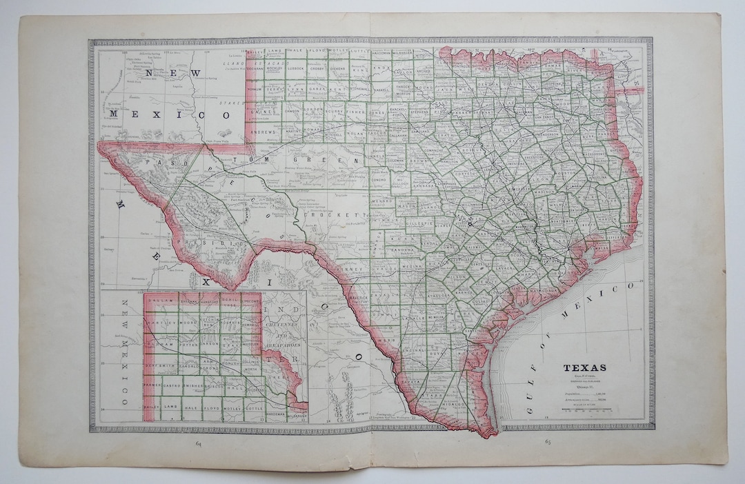 1884 Antique Map of Texas, Indian Territory and Colorado, Original ...