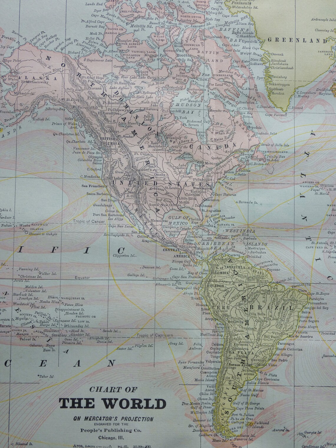 Vintage Map of the World 1889 World Map on Mercators Projection, Ocean ...
