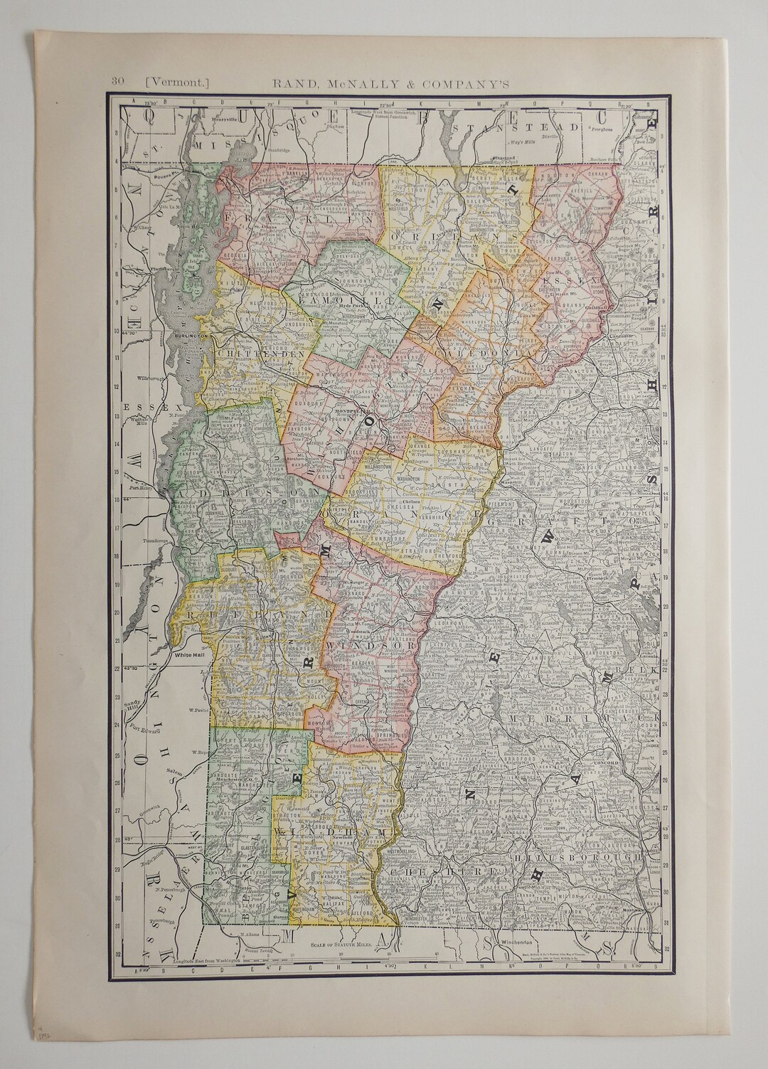 1892 Vermont Map, Original Antique Map of Vermont, New England Decor ...