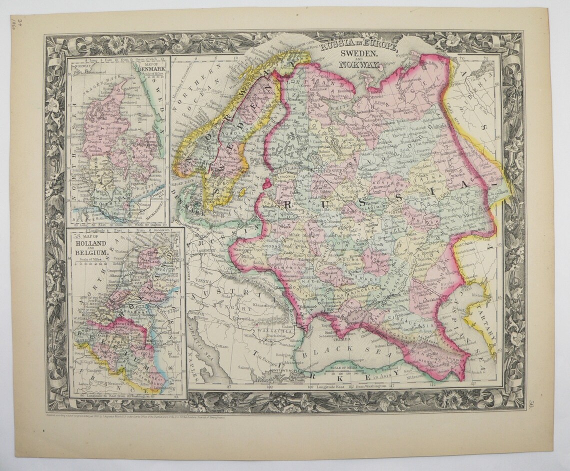1860 Antique Map of Russia, Sweden, Norway, Mitchell Atlas - Etsy