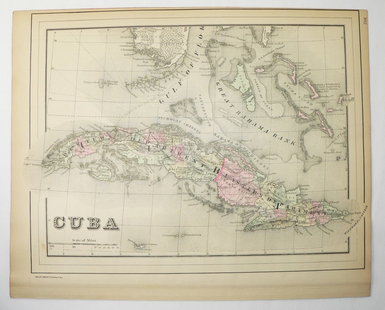 Original Vintage Map of Central America, Cuba 1886 Bradley Map, West ...