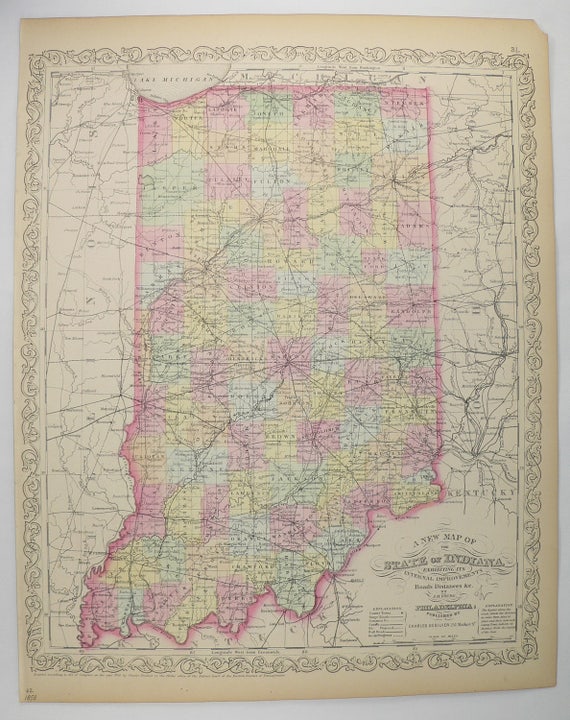 Antique Indiana Map 1858 Mitchell DeSilver IN Map Original | Etsy
