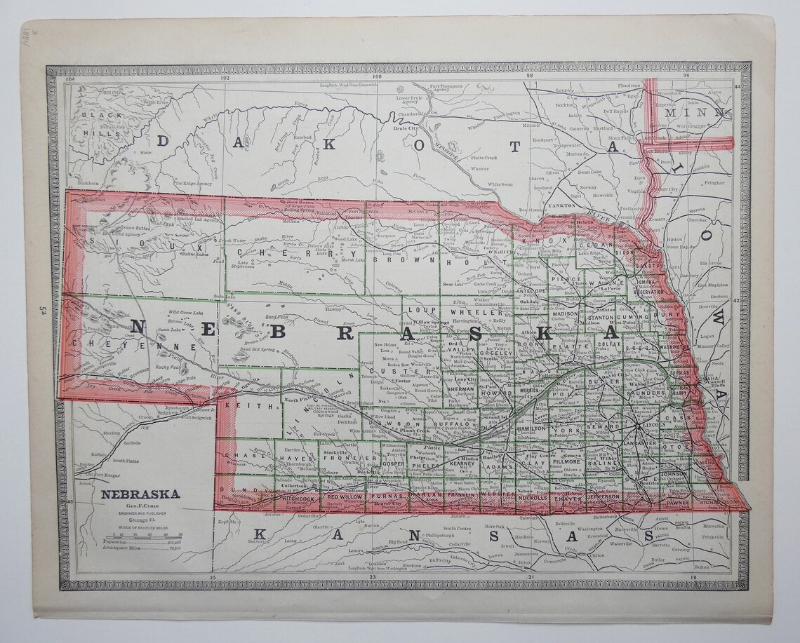 1884 George Cram Atlas Map of Nebraska and Kansas - Etsy