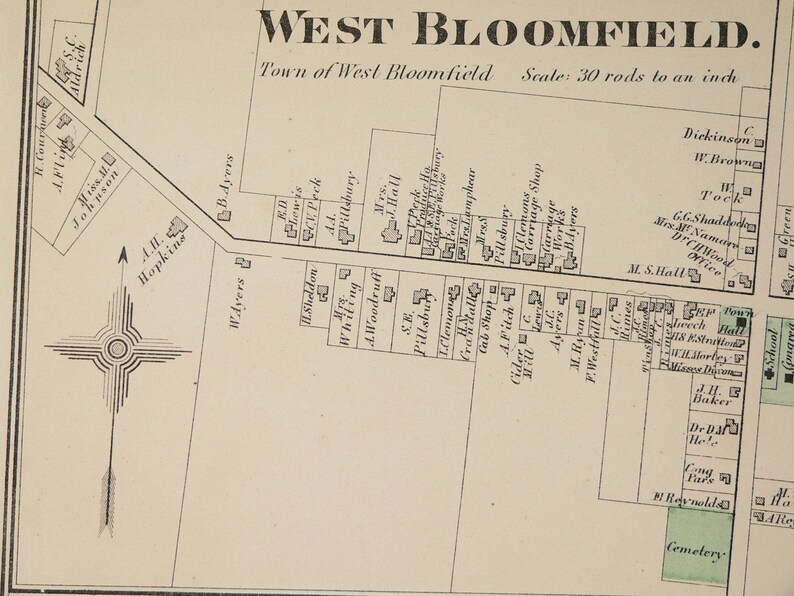 1874 West Bloomfield Map Handcolored Antique Map North | Etsy