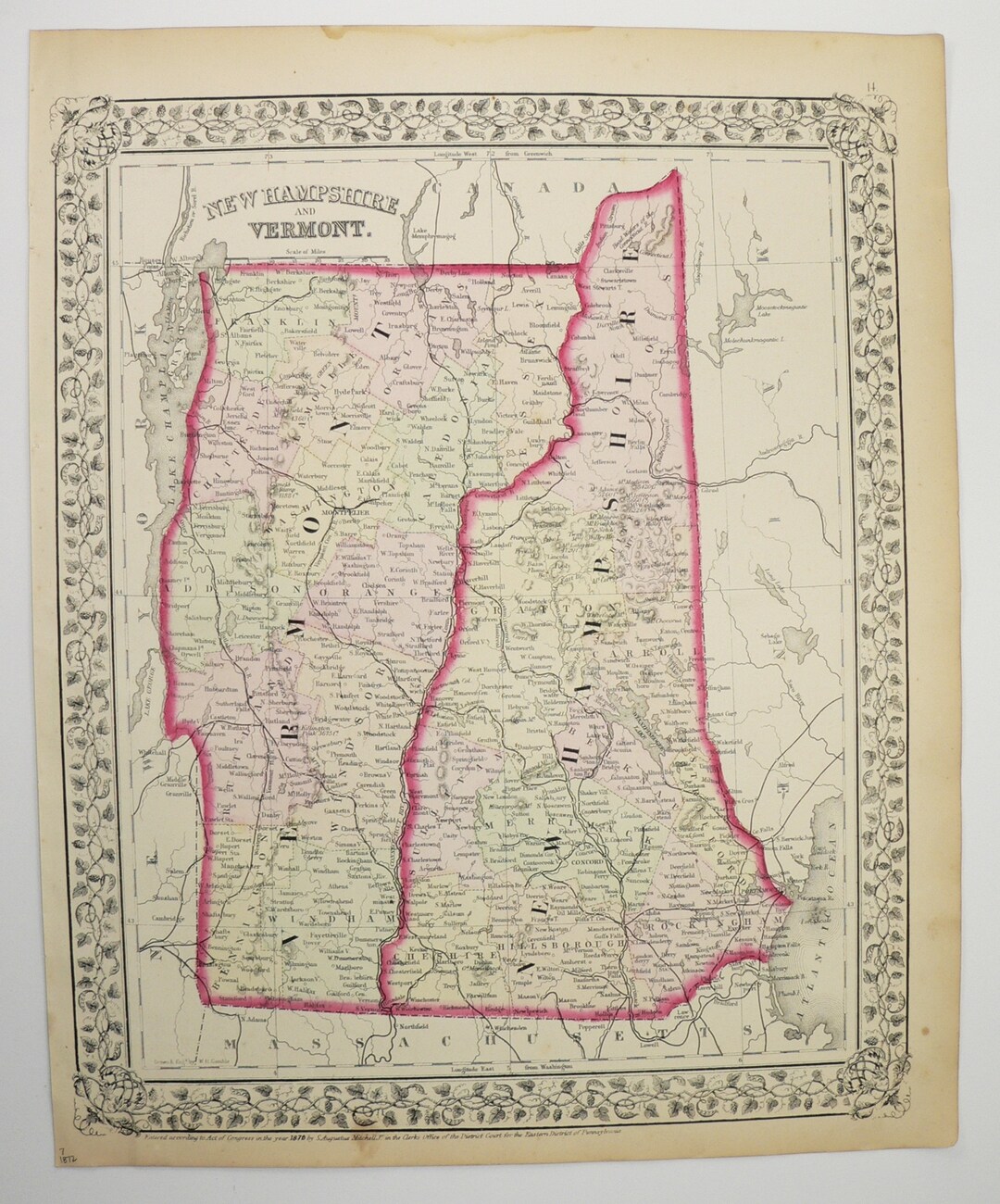 Antique Vermont Map Vintage New Hampshire Map 1872 Mitchell VT NH Map ...