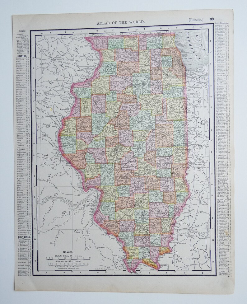 Original Vintage Map of Chicago and Illinois Map 1899 Rand Mcnally ...