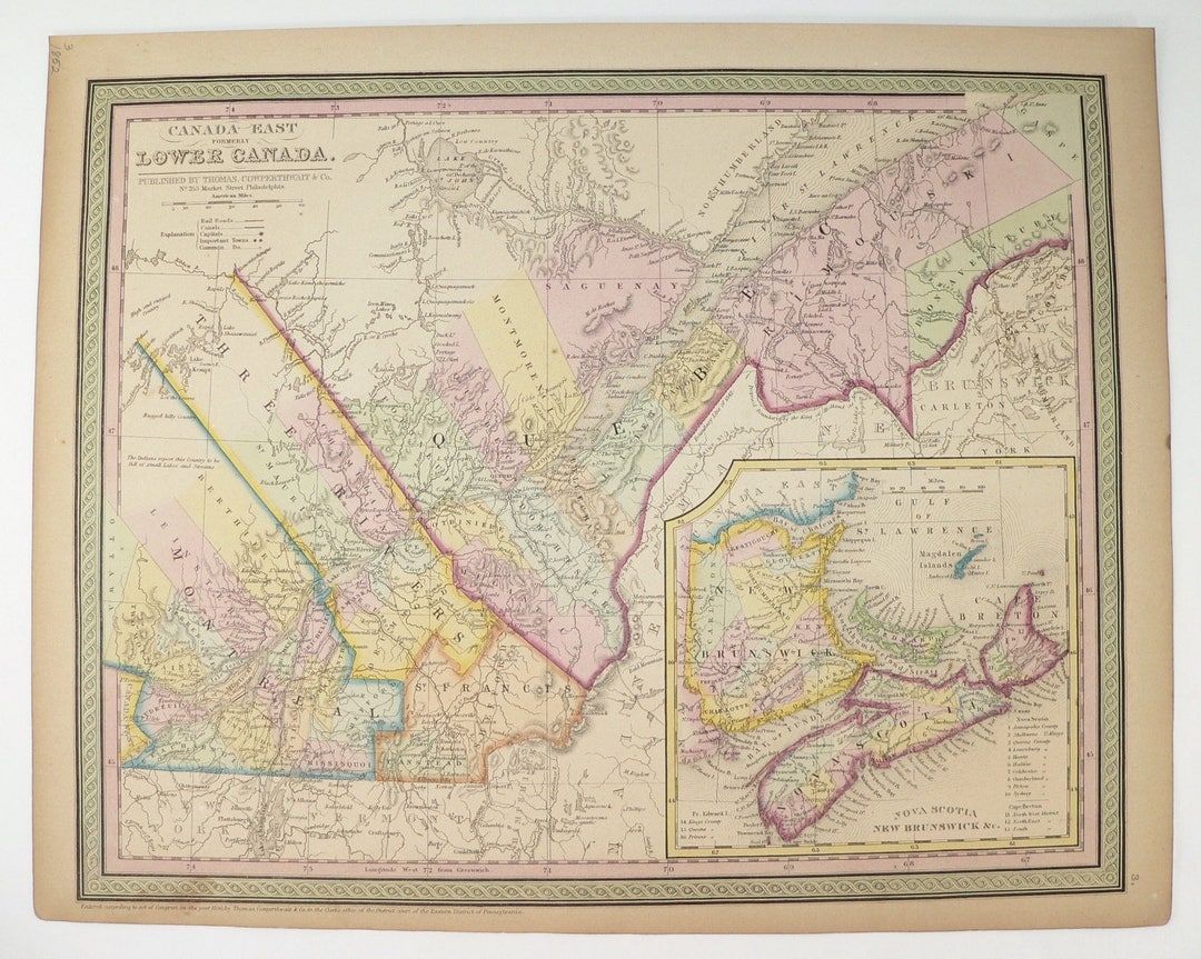 Original Vintage Quebec Map, Quebec Canada Map 1852 Mitchell ...