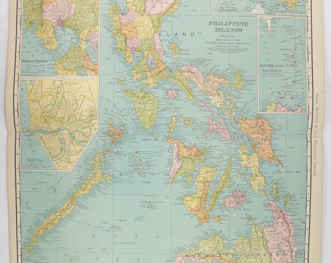 Large Vintage Map Philippines 1903 Antique Philippine Islands Map ...