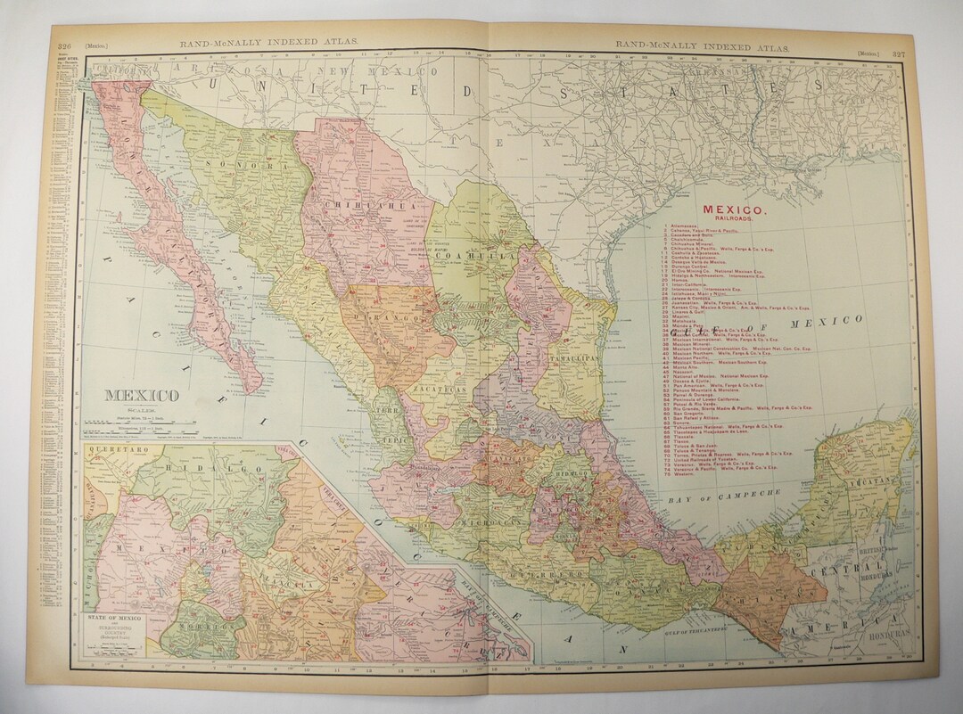 Large Mexico Map, 1908 Antique Map of Mexico, Railroad Map, Vintage ...