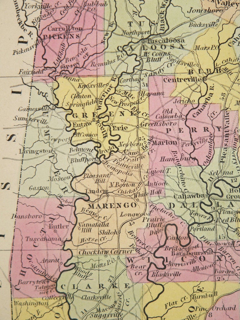 1852 Alabama Map, Antique Gulf Coast Art, Mitchell Atlas - Etsy