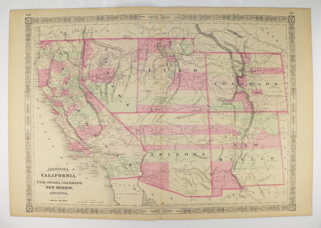 1864 Johnson Map of California, Colorado, New Mexico, Arizona, Nevada ...