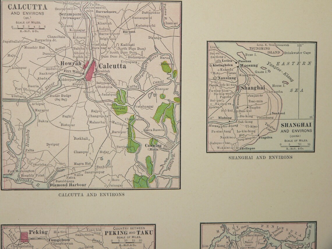 1912 Vintage India Map, Calcutta Bombay, Singapore Peking China ...