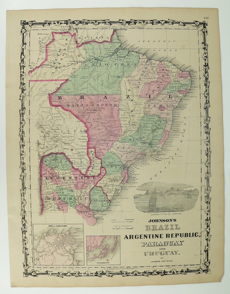 1800s Antique Map of Brazil South America 1863 Johnson Map | Etsy