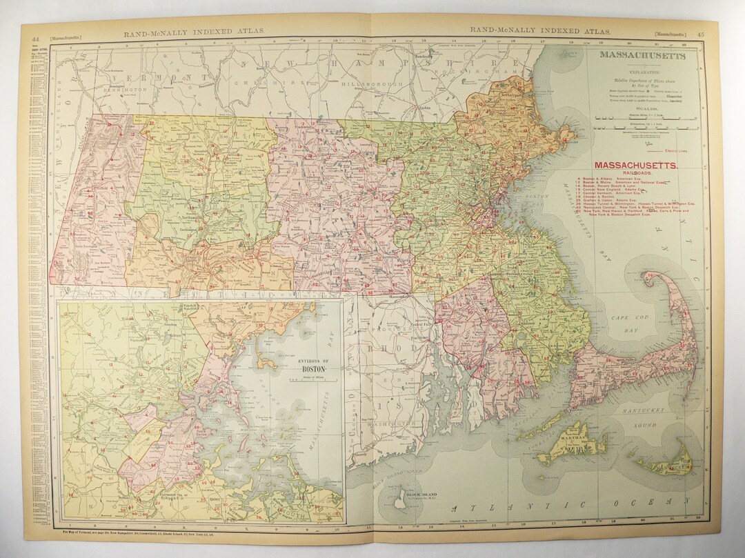 Large Vintage Massachusetts Map 1908 Rand Mcnally Map of Massachusetts ...