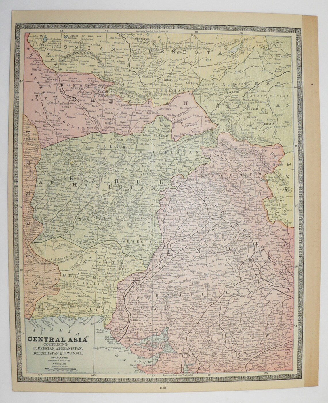 1885 Antique Asia Map, Russia, Pakistan, Afghanistan, Map of Middle ...