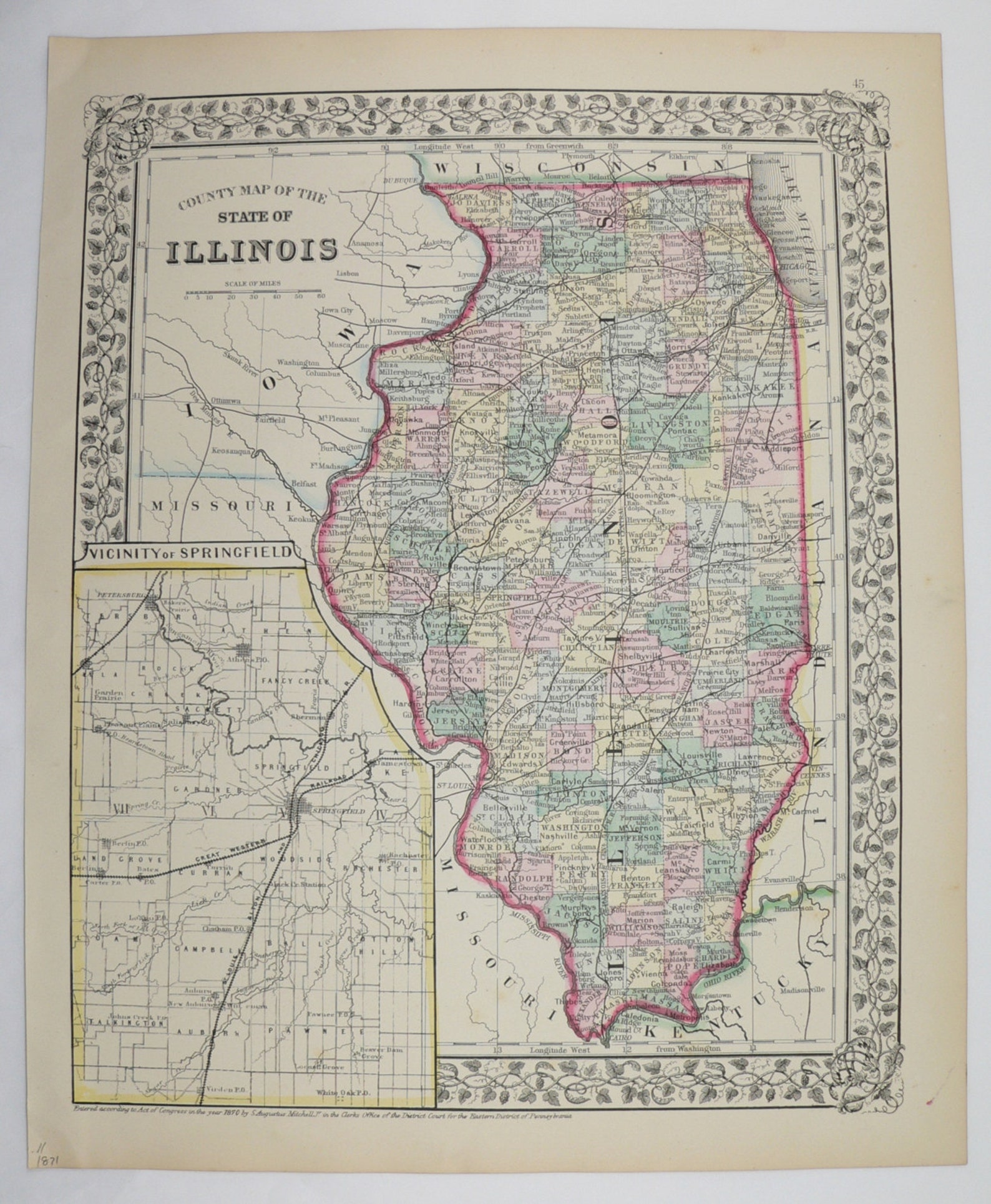 Antique Map of Illinois 1871 Mitchell Illinois Map, Wedding Gift for ...