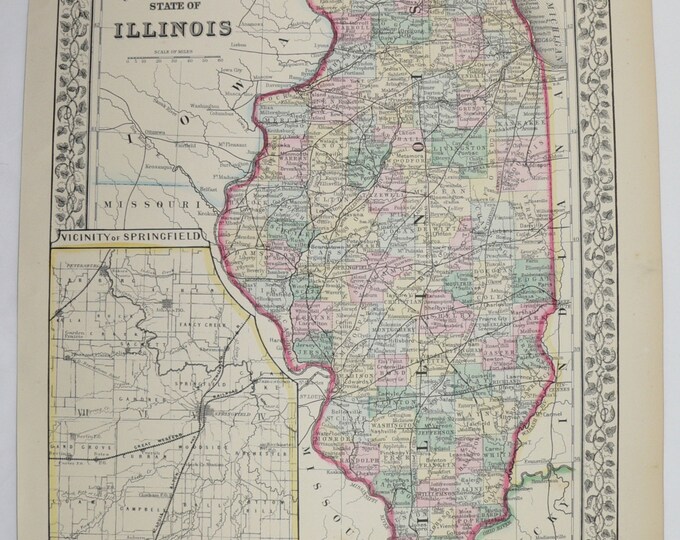 Antique Map of Illinois 1871 Mitchell Illinois Map, Wedding Gift for ...