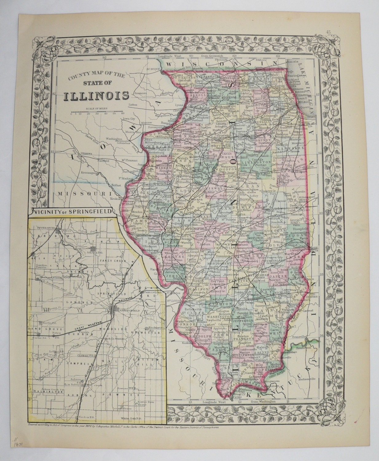 Antique Map of Illinois 1871 Mitchell Illinois Map Wedding | Etsy