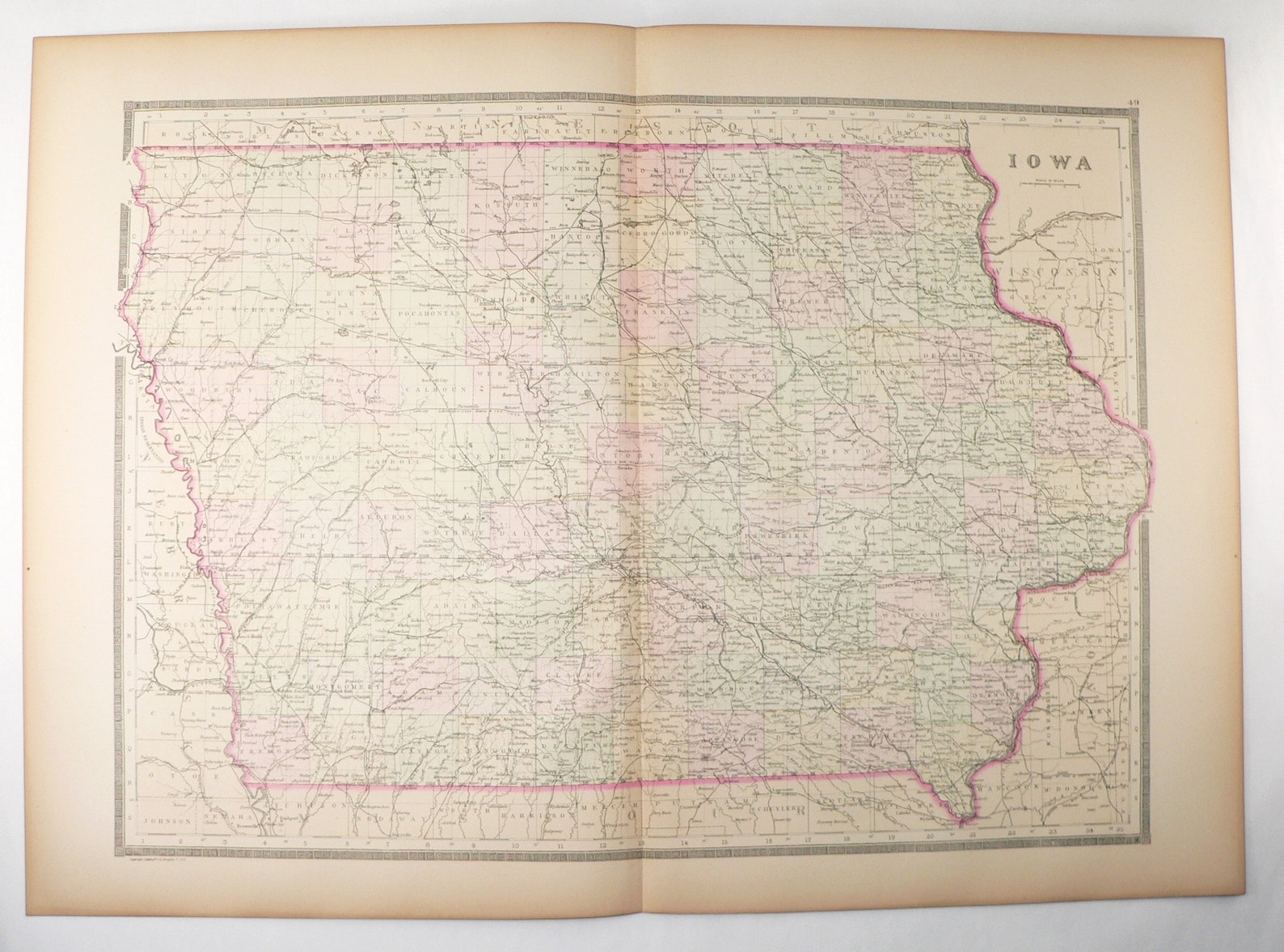 Large Vintage Iowa Map 1889 Bradley Map of Iowa State, Unique ...