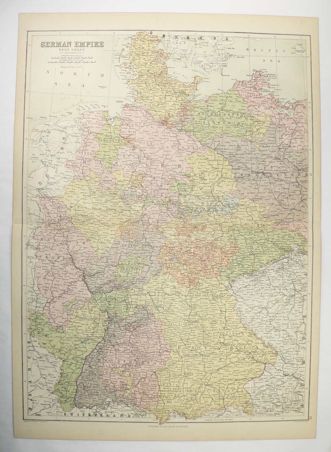 1873 A C Black Germany Map, Original Antique Map West Germany, German ...