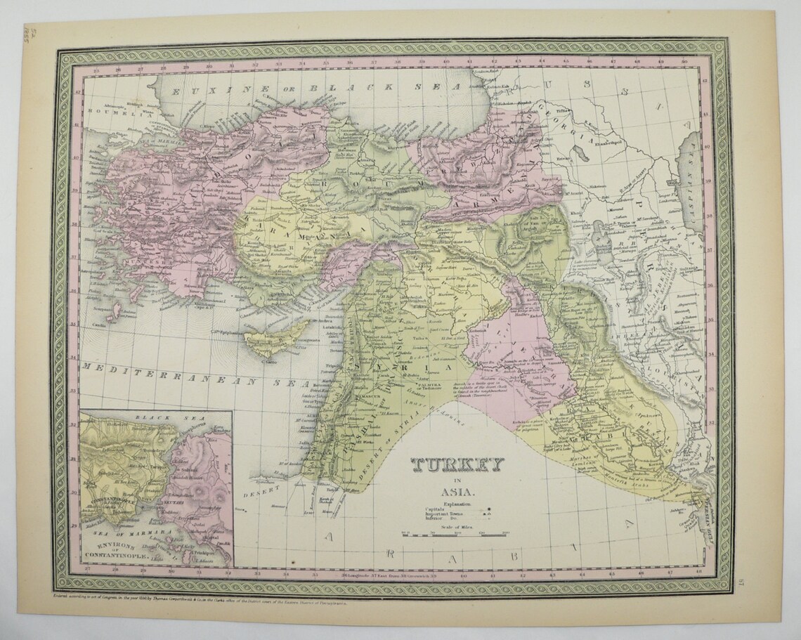1800s Antique Turkey Map Iraq Syria Map Palestine Middle | Etsy