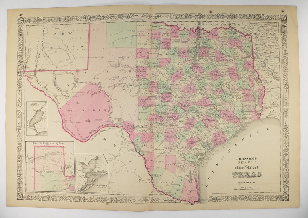 1864 Large Map of Texas, Original Antique Texas Map by Johnson and Ward ...